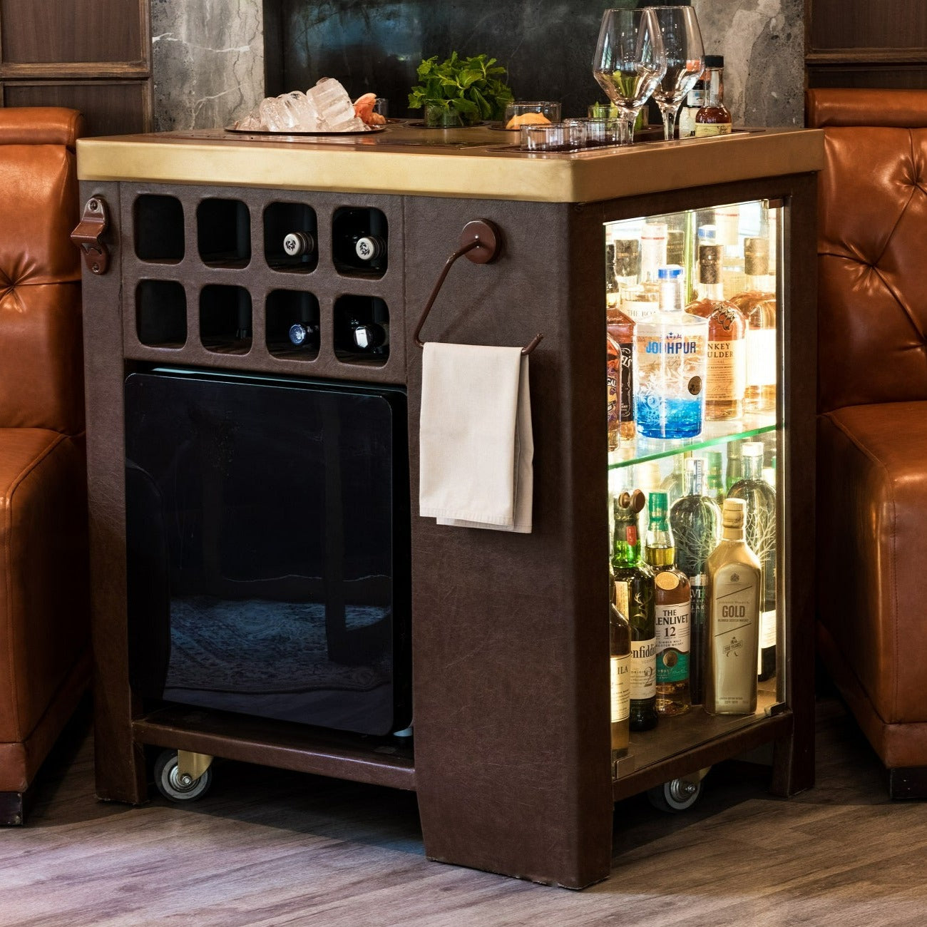 Model X Home Bar, Dark Leather & Matt Gold Finish – The Bar Collective